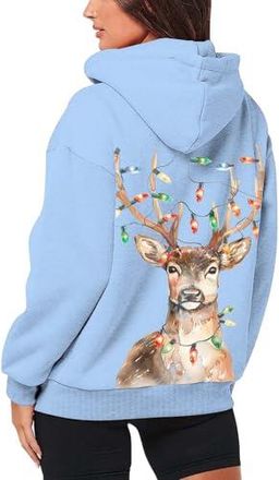 Generic Sweat &agrave; capuche &agrave; manches longues avec cordon de serrage et fermeture &eacute;clair pour femme Motif cerf sautant, bleu ciel, XXL