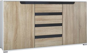 Vladon Sideboard Sylt V1, Kommode mit 2 Türen und 4 Schubladen, Korpus - Weiß matt/Front - Eiche sägerau/Absetzung - Schwarz Hochglanz (138,5 x 75,5 x 35 cm)