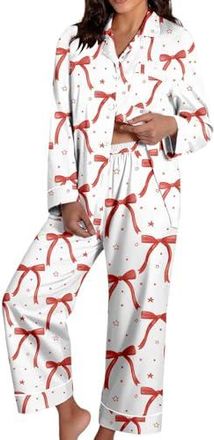 Generic Ensemble de pyjama en satin &agrave; manches longues pour femme - Imprim&eacute; mignon - V&ecirc;tement de nuit l&eacute;ger pour le printemps - V&ecirc;tements de nuit boutonn&eacute;s - V