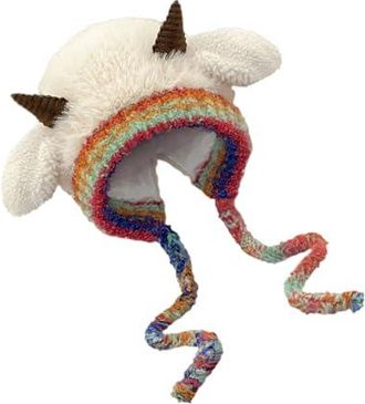 Generico Bonnet tricot&eacute; en forme doreille de mouton, bonnet en corne de mouton pour femme, en tricot avec capuche en forme danimal mignon, thermique doux avec 