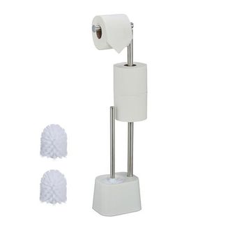 Relaxdays WC Garnitur, Edelstahl, 65,5x13x16 cm, stehender Klopapierhalter, Toilettenb&uuml;rste mit B&uuml;rstenhalter, wei&szlig;