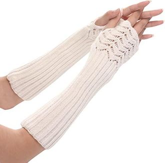 Generic Mitaines en tricot torsad&eacute; pour femme - Mitaines longues avec trou pour le pouce - Mitaines en tricot sans doigts - Mitaines - Mitaines pour femme (bl