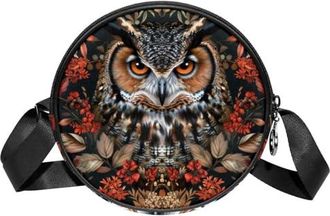 Generic Sac &agrave; bandouli&egrave;re rond pour femme, motif hibou, fleurs, petit sac &agrave; bandouli&egrave;re avec fermeture &eacute;clair, bretelles r&eacute;glables, sac &agrave; main rond d&eacute;contract