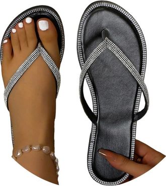 Minetom Sommer Sandalen Flach Flip Flops Damen Flach Zehentrenner Glitzer Strasssteine Sandaletten Pool Meer Strand Outdoor Sommerschuhe B Schwarz 42 EU