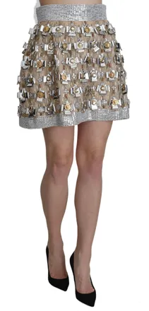 Dolce & Gabbana Womens Silver Silk Crystal High Waist Mini Skirt