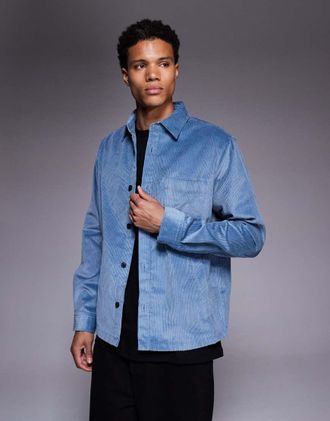 HUGO BOSS HUGO Red - Surchemise oversize en velours c&ocirc;tel&eacute; - Bleu moyen