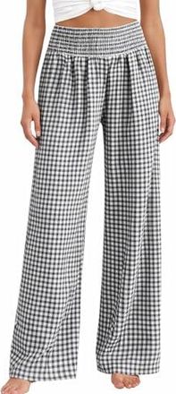 Lazutom Pantalon palazzo l&eacute;ger vichy &agrave; jambe large pour femme - Taille haute smock&eacute;e - &Agrave; enfiler avec poches, noir, X-Small