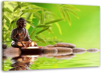 Feeby Frames Feeby, Leinwandbild, Bilder, Wand Bild, Wandbilder, Kunstdruck 50x70cm, Buddha, Meditation, Zen, Bambus, Kiesel, ZUSAMMENSETZUNG, SPA, GRÜN, BRAUN