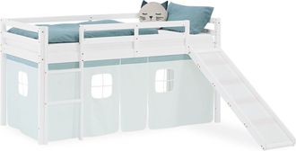 Homestyle4u Kinderbett Hochbett 90x200 mit Rutsche Wei&szlig; Kiefer Massivholz mit Mintgr&uuml;n Vorhang Etagenbett Jugendbett Kinderzimmer | Arikel 2932