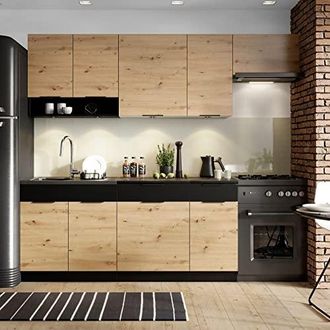 PEGANE Cuisine complète Erika 7 éléments Couleur chêne Artisan/Noire, Plan de Travail Non Inclus - Longueur 180/240 cm