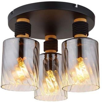 Globo Lighting Deckenleuchte Deckenlampe Wohnzimmerlampe schwarz Rauchglas Holz D 32 cm