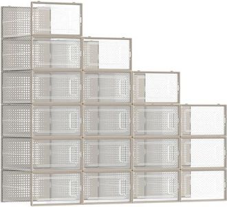 Songmics Schuhboxen, 18er Set, Schuh-Organizer aus Kunststoff, faltbar und stapelbar, f&uuml;r Schuhe bis Gr&ouml;&szlig;e 44, transparent-haferflockenbeige LSP18SW30