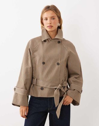 Mango Trenchcoat mit Bindeg&uuml;rtel und Karoprint in Beige-Neutral