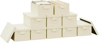 Woltu Lot de 10 Boîtes de Rangement Pliables, Paniers de Rangement en Tissu Non Tissé, avec Poignées et Couvercle, pour Vêtements et Jouets, Crème, 48x29x20