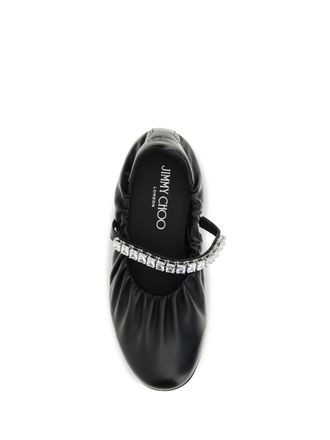 Jimmy Choo London Womens Ballerina Flats Jade Black-Crystal Upper Calf Leather Shoes Black/crystal