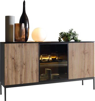 Mirjan24 Kommode Selvix K154 mit 3 Türen und 6 Fächer, LED-Beleuchtung im Set B:154 x H:83 x T:39 cm Griffloses Öffnungssystem Mehrzweckschrank Anrichte (Schwa