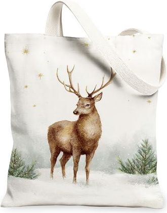 Generic Sacs fourre-tout en toile de cerf dhiver, motif animal rustique, sacs d&eacute;picerie r&eacute;utilisables, vintage l&eacute;gers et lavables avec bandouli&egrave;re, blanc, 13x