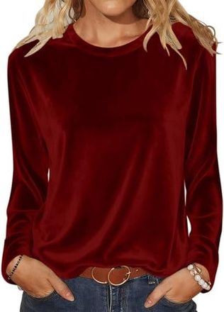Minetom Haut &Agrave; Manches Longues en Velours pour Femmes Col Rond Tops T-Shirt Chemisier &Eacute;l&eacute;gant Pullover Blouse D&eacute;contract&eacute; A Rouge L