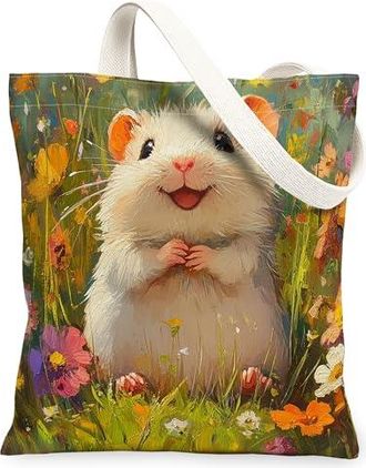 Generic Sac fourre-tout en toile motif hamster printanier pour faire du shopping, 33 x 38,1 cm, sac d&eacute;picerie r&eacute;utilisable pour femme, motif animal, peinture 