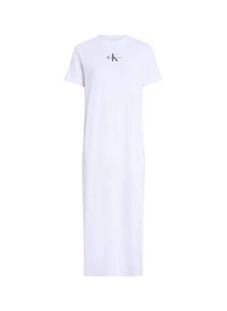 Calvin Klein Robe T-Shirt Femme Monologo Long Rib Tee avec Col Ras-du-Cou, Blanc (Brilliant White), M