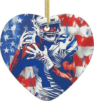 Generic American Football Spieler Amerikanische Flagge Blau Rot Wei&szlig; Weihnachtsanh&auml;nger Weihnachtsbaum Deko Keramik Weihnachten Deko Mit Schnur Weihnachtsdeko