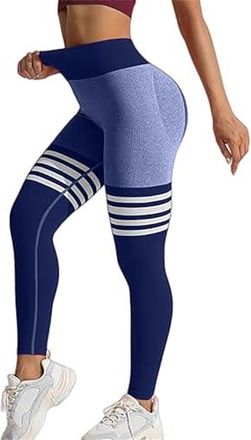 Generic Legging dext&eacute;rieur ray&eacute; pour femme, taille haute, pantalon de yoga et de course, pantalon de sport 3/4, avec poche pour t&eacute;l&eacute;phone portable, bleu, XL