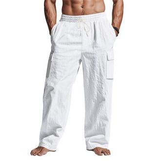 Generic Pantalon de sport en lin pour homme - Pantalon de jogging avec poches multiples - Pantalon en lin avec taille &eacute;lastique - Pantalon de surv&ecirc;tement - Pa