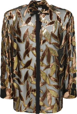 Roberto Cavalli Femme, Blouses et Chemises, Multicolore, Taille: 44 FR Chemise Transparente &agrave; Motif Feuillage