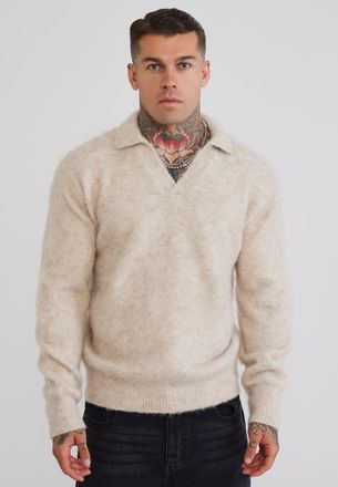Siksilk Herren Ecru Gestricktes Polo Pullover XXL