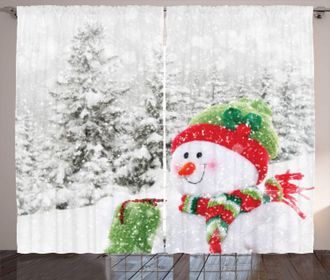 Abakuhaus Weihnachten Rustikaler Gardine, Snowy Woodland Urlaub, Wohnzimmer Universalband Gardinen mit Schlaufen und Haken, 280 x 260 cm, Wei&szlig; und Rot