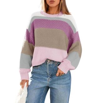 Generic Pull court dhiver en tricot à rayures amples et col rond pour femme, violet, XXL