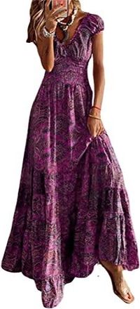 TOMWELL Robe Longue Femme Couleur Unie Robe Ete Slim Fit Robe à Lacets à la Mode Tunique Portefeuille Maxi Cocktail Dress A Violet S