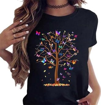 Keephen Papillon avec Fleurs T-Shirt Femmes Esth&eacute;tique Papillon Impression 3D T-Shirt Manches Courtes Col Rond Streetwear Dames &Eacute;t&eacute; Mignon Tops