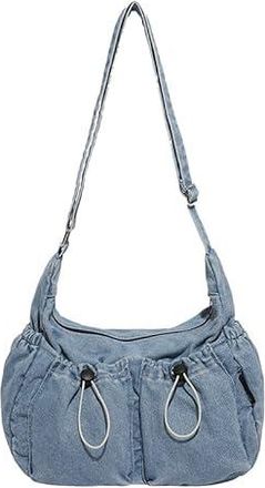Generic Sac &agrave; bandouli&egrave;re en denim de couleur unie avec plusieurs poches, grande capacit&eacute;, sac fourre-tout Hobo pour le travail et les sorties, bleu clair, 30