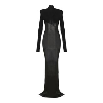 Balmain Femme, Robes, Noir, Taille: 40 FR Robe longue bi-mati&egrave;re en maille et cuir dagneau