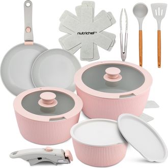 Nutrichef NutriChef Topfset & Pfannenset mit abnehmbarem Griff - 18-teiliges Keramik Kochgeschirr Rosa Antihaftbeschichtet, geeignet für Induktion und Ofen, Küc