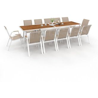 IDMarket Salon de jardin NOUMEA extensible table 135/270 cm plateau verre tremp&eacute; effet bois et 12 chaises empilables blanc et bois