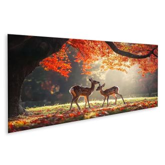 Islandburner Bild auf Leinwand Rehe im Herbstlicht unter roten Bl&auml;ttern f&uuml;r Wohnzimmer Naturliebhaber Restaurant Bilder Wandbilder Poster