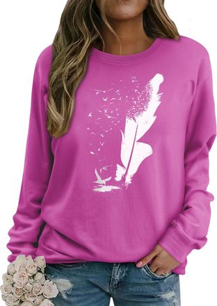 Dresswel Pullover Damen Feder Drucken Sweatshirt Langarmshirt Rundhals Langarm Shirts Herbst Winter Pulli Tops Oberteile Bluse(Rosy, 2XL)