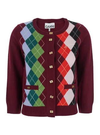 Ganni Argyle Crew-Neck Cardigan - Burgundy