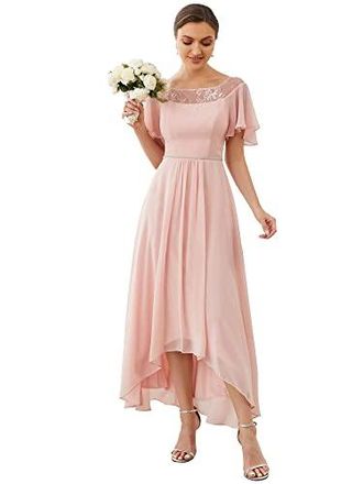 Ever-pretty Robe de Soir&eacute;e Asym&eacute;trique Longue Femme Manche Courte &agrave; Volants Col Rond en Dentelle en Mousseline Fluide Rose 48