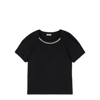 Oltre Baumwoll-T-Shirt mit Steinbesatz - - Tops - Damen - Schwarzk - XS