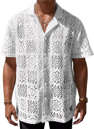 Feoya Herren Hemd Transparent Kurzarm Freizeithemd M&auml;nner Spitzenhemd Sommer L&auml;ssig Lace Shirt Outfit Nachtclub XXL Wei&szlig;