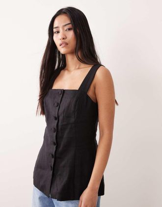 Nobody's Child Top boutonn&eacute; &agrave; encolure carr&eacute;e en lin m&eacute;lang&eacute; - Noir