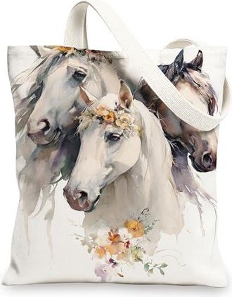 Generic Equine Sac fourre-tout en toile motif floral cheval réutilisable bohème rustique léger lavable pour salle de sport, voyage, plage 33 x 38,1 cm