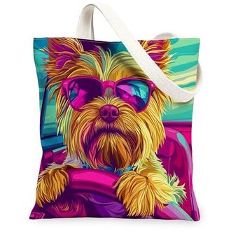 Generic Yorkie Sac fourre-tout en toile r&eacute;utilisable pour faire du shopping 33 x 38,1 cm, motif chiot funky pop pour femme, animal domestique, plage, esth&eacute;tiq