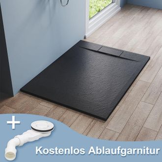 Sonni Design Duschwanne Schwarz Duschtasse Flach aus SMC Brausewanne Super Flache 120 x 90 cm mit Ablaufgarnitur,Verdeckter Wasserablauf