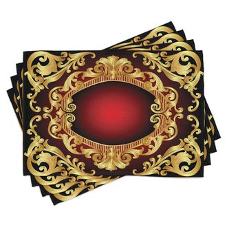 Abakuhaus Gelbes Damast Platzmatten, Rahmen Barock, Waschbare Stoff Esszimmer K&uuml;che Tischdekorations Digitaldruck, Braun Gelb und Schwarz