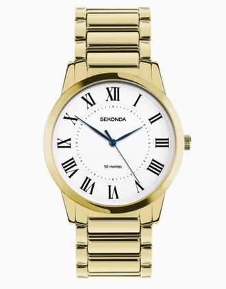 Sekonda Beaumont - Klassische Herrenuhr in Goldoptik mit Armband aus Goldlegierung und Zifferblatt in Wei&szlig;, 40 mm-Goldfarben