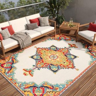 Tapiso Patio Tapis Ext&eacute;rieur Int&eacute;rieur Terrasse Balcon Jardin dhiver Cuisine Salon Classique Cr&egrave;me Orange Ornamental Aspect 3D R&eacute;sistant aux Intemp&eacute;ries Oeko